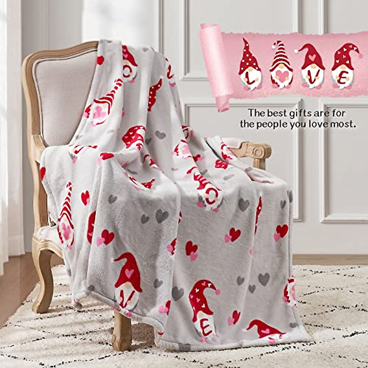 Cozy Bliss Gnome Throw Blanket with Hearts Mothers Day Birthday Gift Gnome Pattern Luxury Milky Plush, Ultra Soft & Lightweight Textured Throw Blanket for Couch, Sofa Bed (Gnome Love, 50" x 60")
