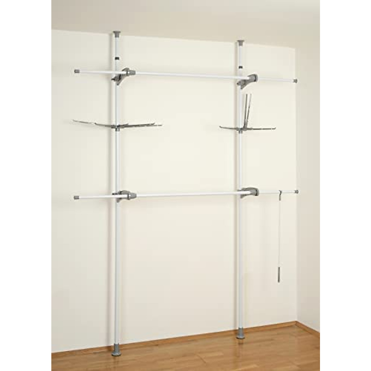 WENKO Herkules Flex Garment Rack, Rail, Adjustable, Tension Rod, Heavy Duty, for Hanging Clothes, Storage, Organizer, with Shelves, 14.2 x 74.8 x 118.1 inch, White