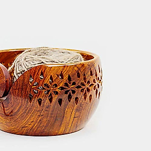 Rosewood Crafted Wooden Yarn Storage Bowl with Carved Holes & Drills | Knitting Crochet Accessories | Nagina International (XL)