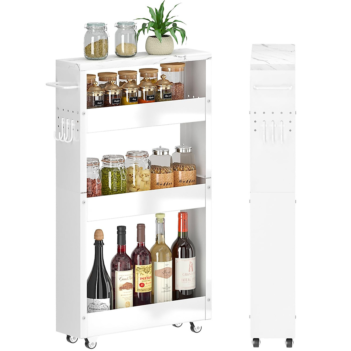 XYZLVSI Slim Storage Cart, 5 in Width, 4-Tier White Rolling Cart with Handle & Wooden Top for Kitchen Bathroom Laundry Narrow Places