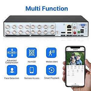 Hiseeu 16 Channel DVR, 5MP/1080P Digital Video Recorder, DVR for Security Camera, AHD/TVI/CVI/Analog/IPC 5 in 1 Hybrid Security DVR, Free Remote Access APP, Motion Alert (No Hard Drive)