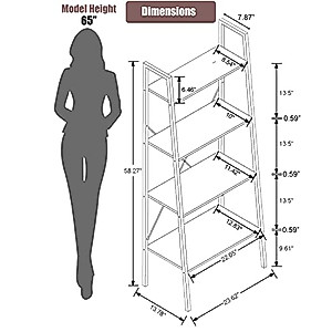 LuxenHome 4 Tier Ladder Bookshelf, 58'' Modern Leaning Bookshelf, Solid Real Wood Bookcase, Rustic Shelves with Industrial Metal Frame, Tall Wide Bookshelf Storage for Classroom, Light-Oak