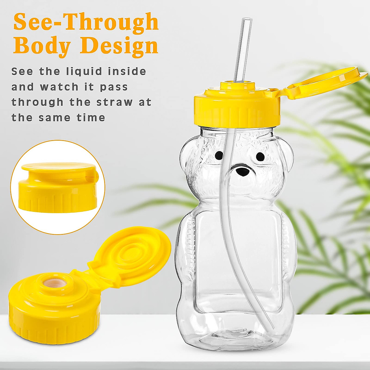 32 Pack Honey Bear Bottle with Straws Empty Plastic Cup Honey Jar Containers Bear Shaped Squeeze Bottle Storing and Dispensing Yellow Flip Top Lid Assistive Drink Cups Honey Bottles Jar (6oz)