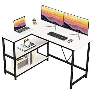 GreenForest Small L Shaped Desk 47 inch l Desk with Storage Shelf Writing Corner Computer Desk Saving Space for Home Office PC Workstation Laptop Table, White