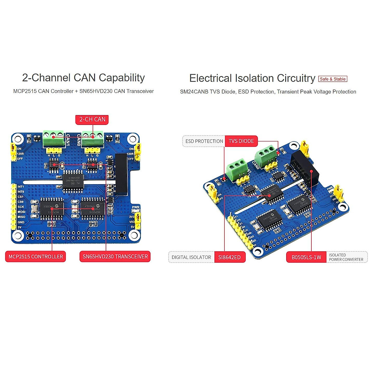 2-Channel Isolated CAN Bus Expansion HAT Compatible with Raspberry Pi/Arduino/STM32,2-CH CAN HAT with MCP2515 + SN65HVD230 Dual Chips Solution,Multi Onboard Protection Circuits