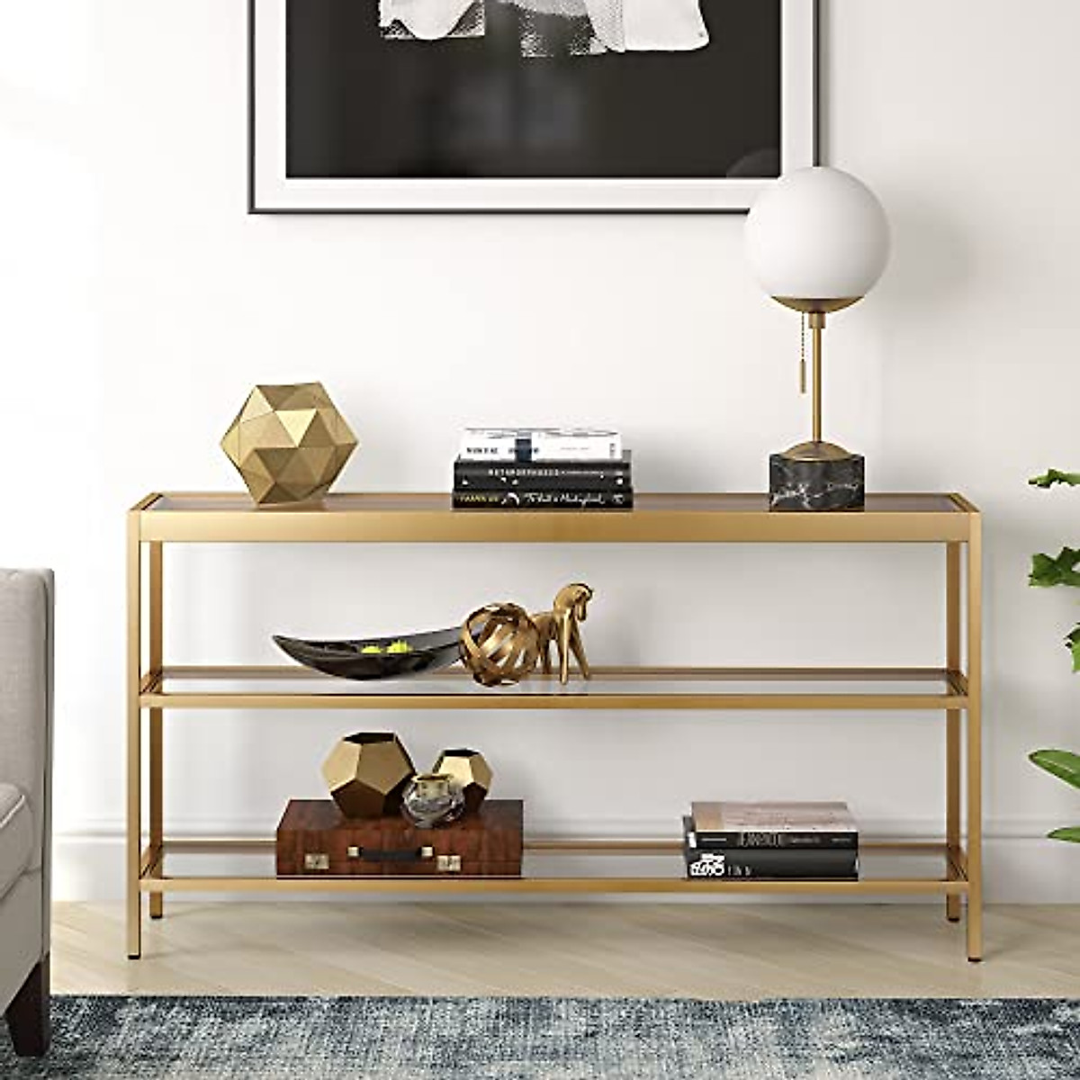 Henn&Hart 55" Wide Rectangular Console Table in Brass, Entryway Table, Accent Table for Living Room, Hallway