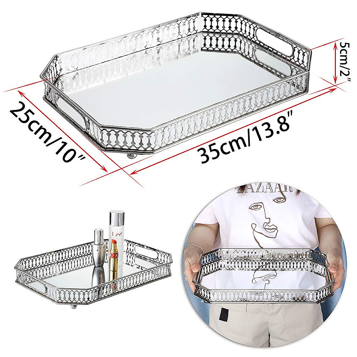 Hipiwe Vanity Makeup Mirror Tray - 13.8" X10" Metal Jewelry Trinket Organizer Tray Cosmetic Perfume Tray Home Decorative Tray for Dresser Bathroom Bedroom Countertop,Large Size