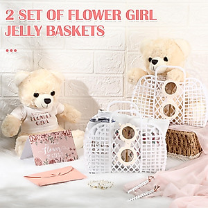 Sieral 2 Sets 18 Pcs Flower Girl Jelly Basket Set Including Flower Girl Tumbler Bear Sunglasses Makeup Bag Bracelet Proposal Card with Pen Envelope Plastic Handbag for Wedding Bridal Shower (White)