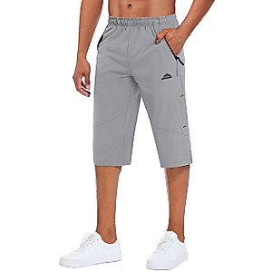 MAGCOMSEN Men's 3/4 Capri Workout Shorts Outdoor Quick Dry Knee Length Gym Drawstring Training Workout Beach Shorts Light Grey, 38