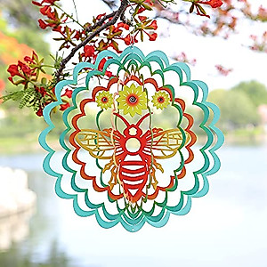 HDNICEZM Kinetic 3D Metal Bee Wind Spinner Hanging Ornament Worth Gift for Home and Garden - 12inch Bee Mandala Kinetic Hanging Whirligigs Sun Catcher Windmills