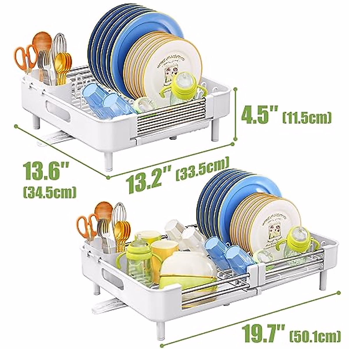 Kitchen Counter Dish Drainers Rack, Auto-Drain Expandable(13.2"-19.7") Stainless Steel Large Strainers Over Sink Drying Rack Drainboard with Utensil Holder Caddy Organizer, White