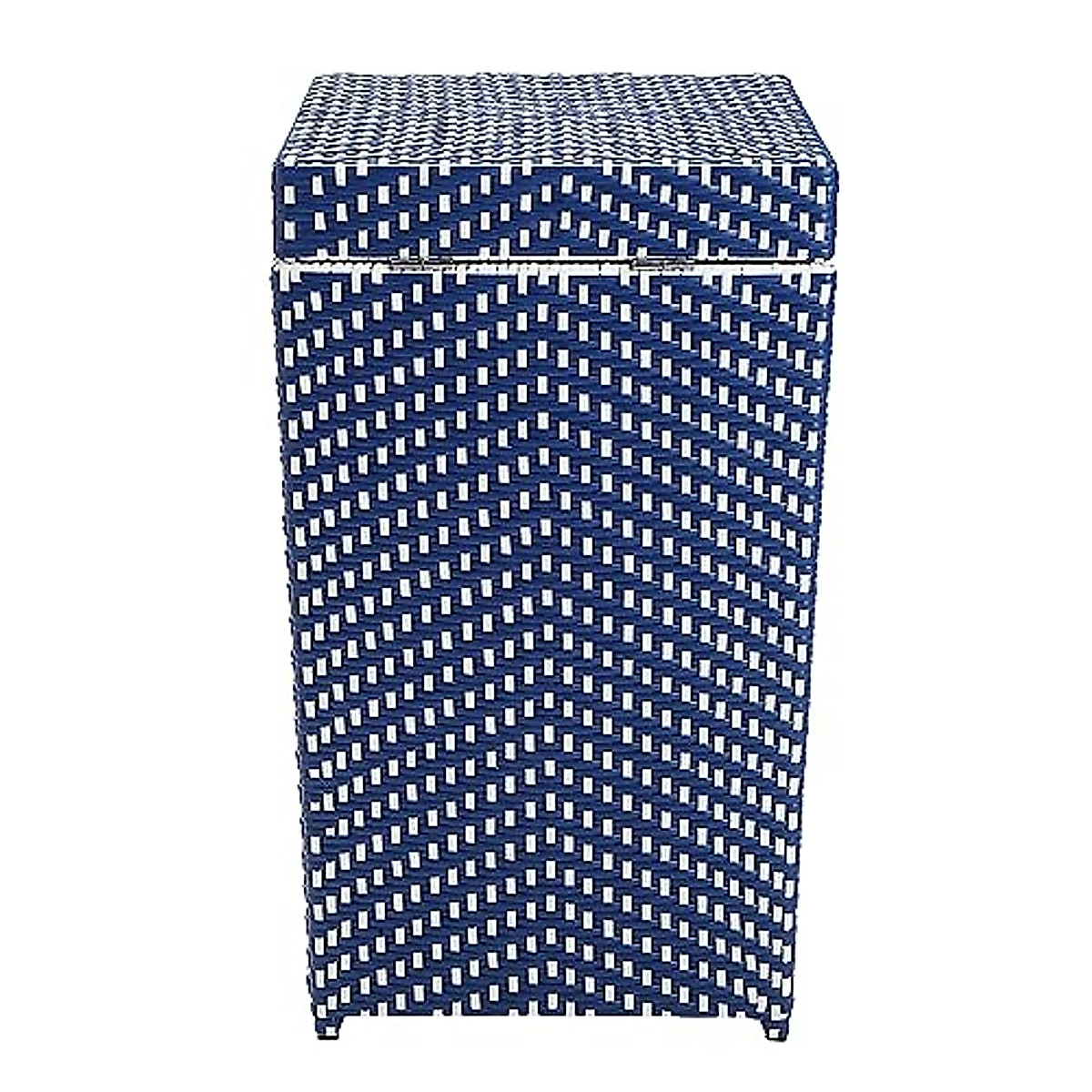 24/7 Shop at Home Locke Coastal Aluminum and All-Weather Wicker Outdoor Trash Can with Lid for Outdoor, Patio, Pool Area, Garden, Navy Blue and White