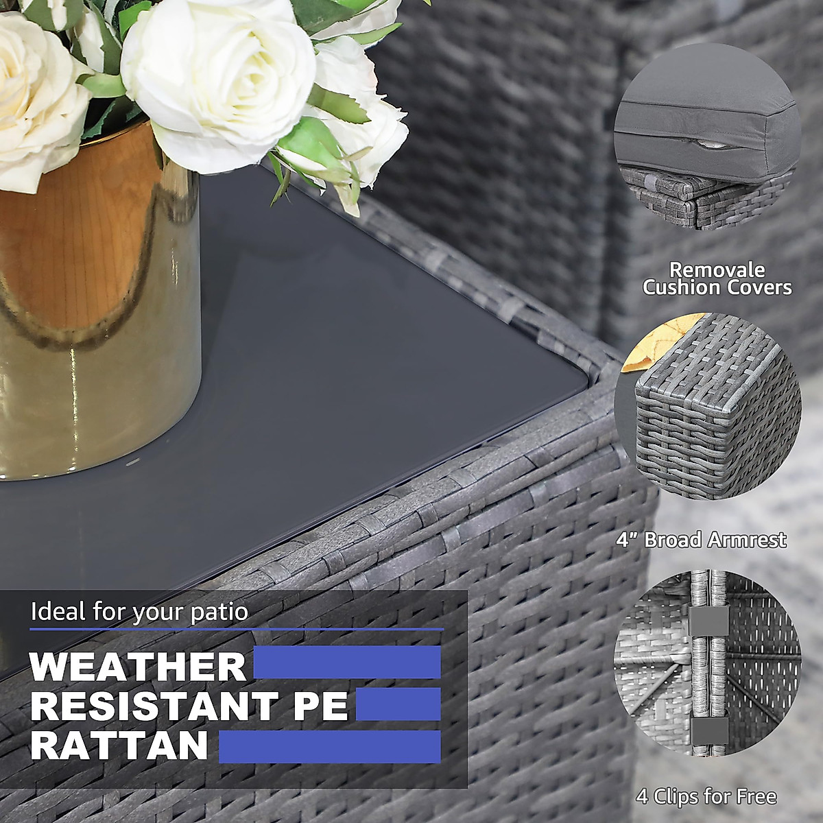 Patiorama Outdoor Wicker Loveseat 2 Pieces, All Weather Grey PE Rattan Sectional Corner Sofa Set, Additional Extra Chairs for Outdoor Sectional Sofa Set, Dark Grey Cushion