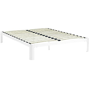 Modway Corinne Steel Modern Mattress Foundation Full Bed Frame with Wood Slat Support in White
