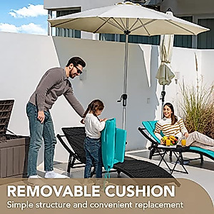 Devoko Patio Chaise Lounge Sets Outdoor Rattan Adjustable Back 3 Pieces Cushioned Patio Folding Chaise Lounge with Folding Table (Blue)