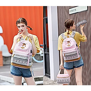 Leaper Geometric Laptop Backpack School Bag Lunch Bag Pencil Bag 3 in 1 Set Pink