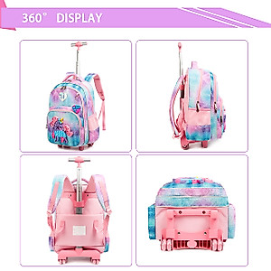 JSMNIAI Unicorn Rolling Backpack for Girls Backpack with Wheels Kids Trolley School Bags Trip Luggage with Lunch Box for Elementary Girls Travel Purple Suitcase
