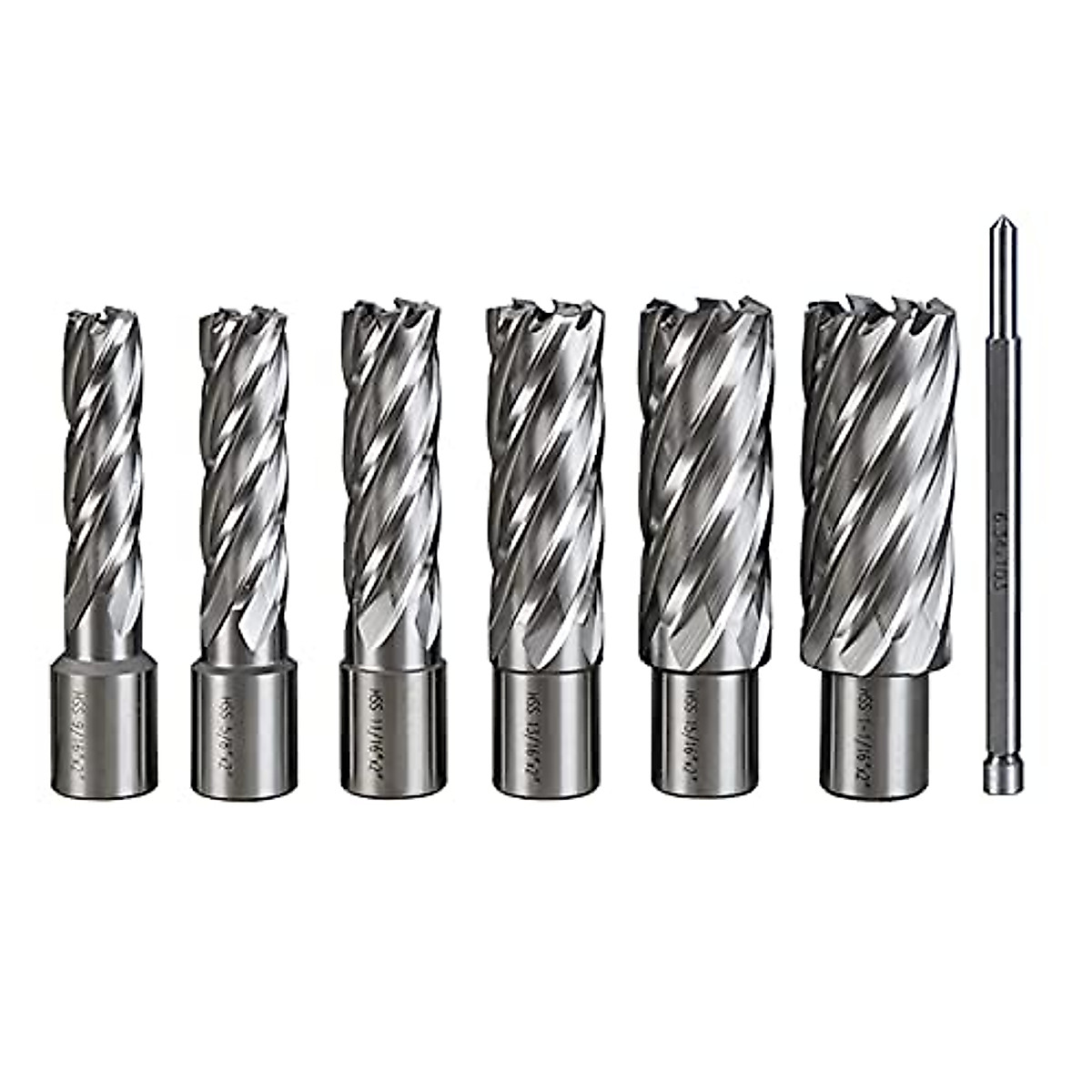 M2AL HSS Annular Cutter Set 6pcs LYXC 3/4'' Weldon Shank 2'' Cutting Depth 9/16'' to 1-1/16'' Cutting Diameter with 1pc Pilot Pin for Mag Drill Press