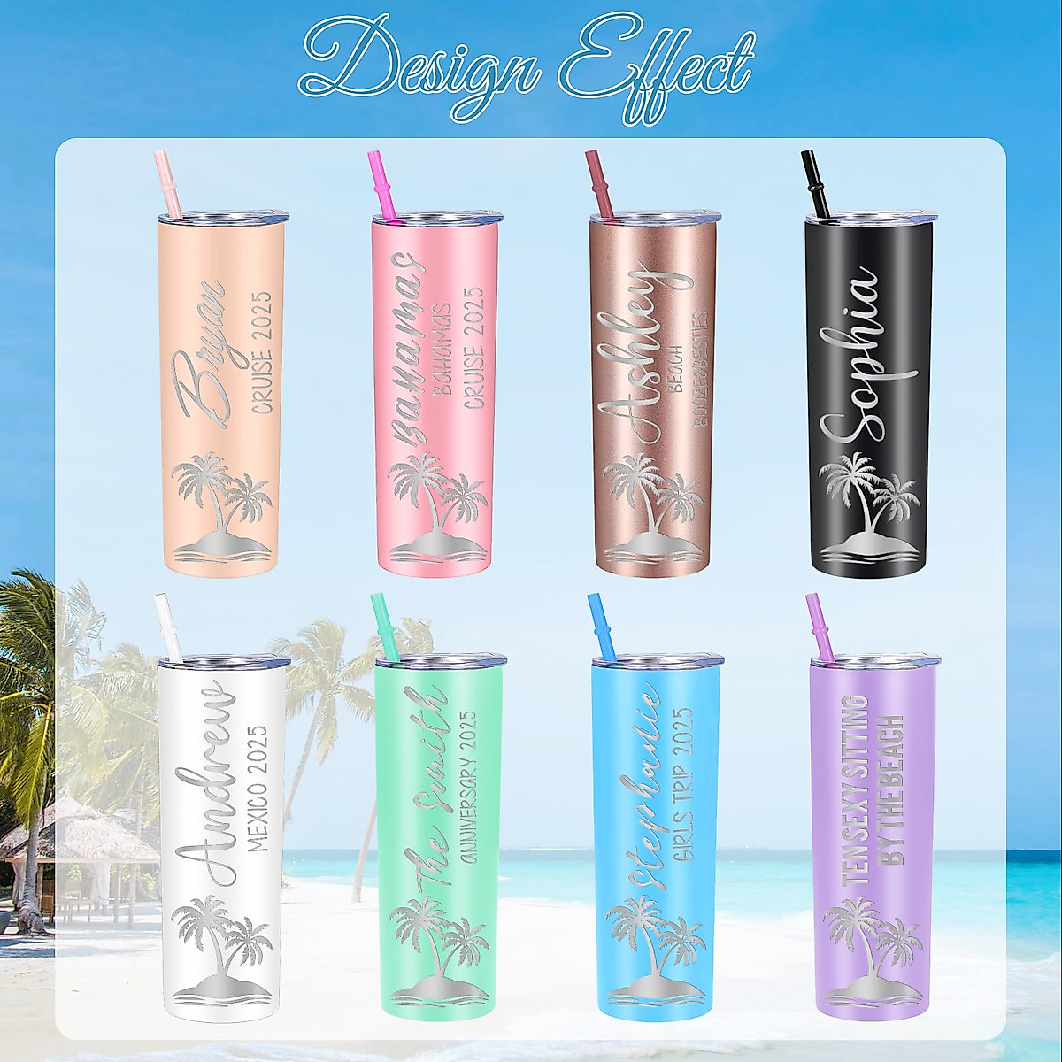 Custom Vacation Tumbler with Name, Girls Trip Cups for Best Friends, Bachelorette Trip Gifts for Girls, Personalized Beach Tumblers for Women Family Member, 20 oz Insulated Tumbler with Lid and Straw