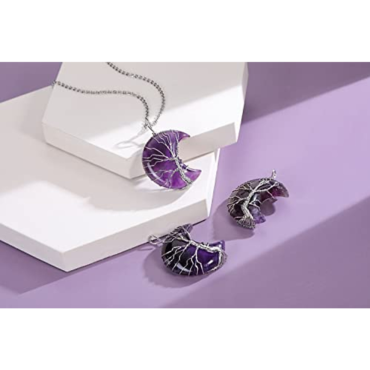 PESOENTH Amethyst Crystal Necklace Healing Crystal Moon Necklace Life Tree Wire Wrapped Natural Purple Crystal Stone Necklace Reiki Spirtual Quartz Crescent Moon Pendant for Women Men Jewelry Gift
