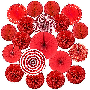 Recosis Hanging Paper Fan Set, Tissue Paper Pom Poms Flower Fan and Honeycomb Balls for Birthday Baby Shower Wedding Festival Decorations - Red