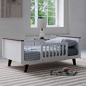 Little Partners MOD Kids Bed - Solid Wood Classic Design Transitional Toddler Bed with Rails for Children's Bedroom with Two Safety Guards, Low-to-Ground Profile (White/Espresso)