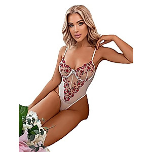SOLY HUX Women's Floral Embroidered Mesh Sheer One Piece Lingerie Teddy Bodysuit Sleepwear White S