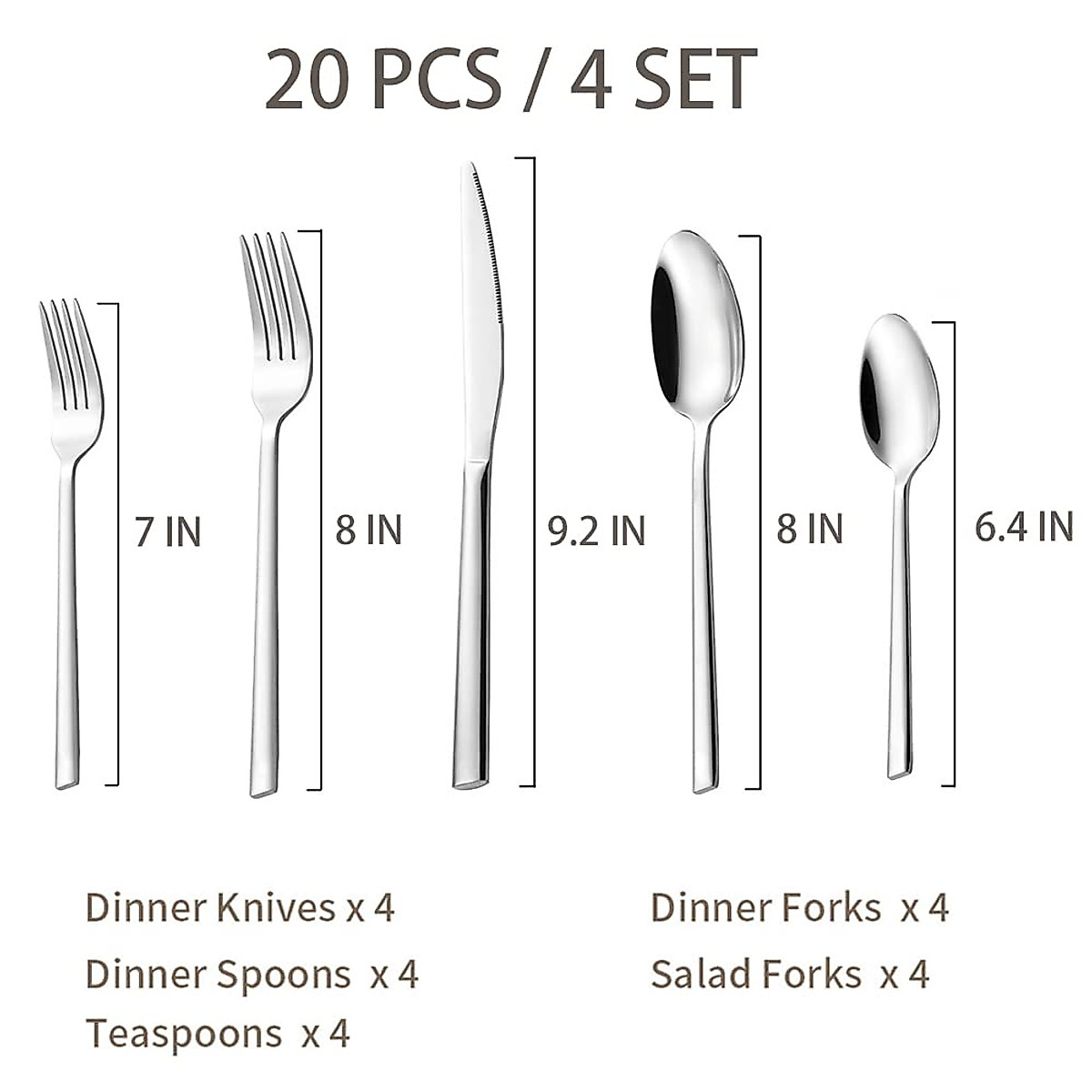 20-Piece Silverware Set Stainless Steel Flatware Set, Mirror Polished Eating Utensils Set for 4, Include Fork Spoon Knife, Dishwasher Safe(silver)