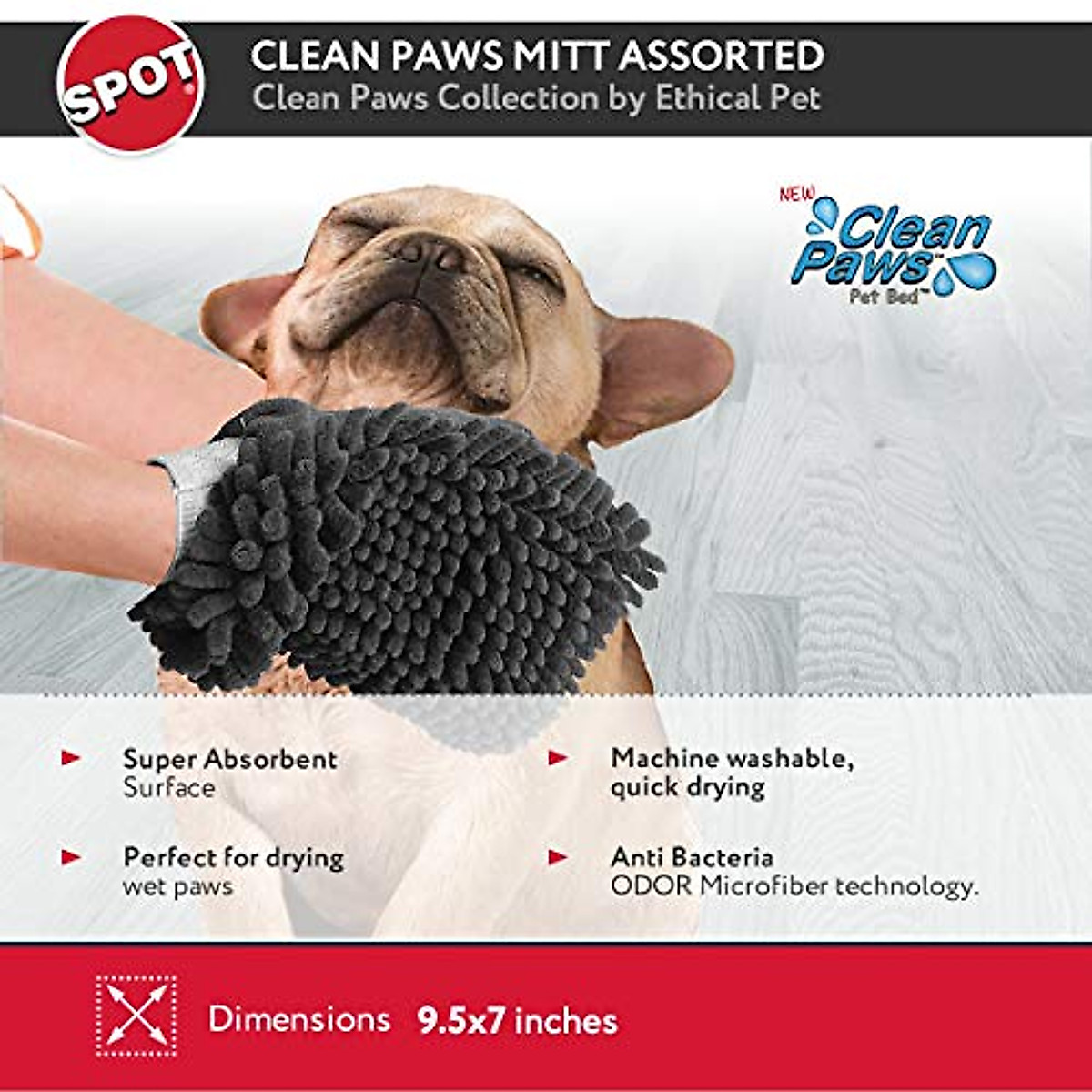 Clean Paws - Chenille Microfiber Dog Towel Mit - 9.5X7 Inches/Attractive, Durable, Super Absorbent, Washable. by Ethical Pets
