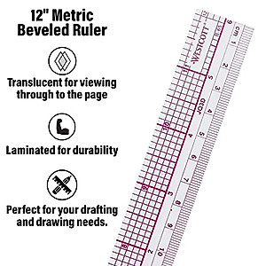 Westcott 10ths/Metric Beveled Ruler, 12-Inch/30cm (B-65), Clear