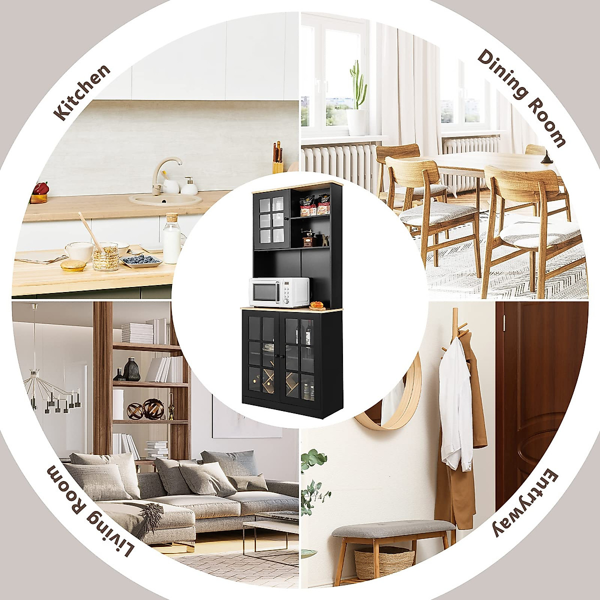 LOKO 72" Kitchen Hutch Storage Cabinet, Freestanding Pantry Buffet Cabinet with Glass Doors, Open & Closed Storage, 3-Position Adjustable Shelves, Tall Cupboard Storage Cabinet (Black)