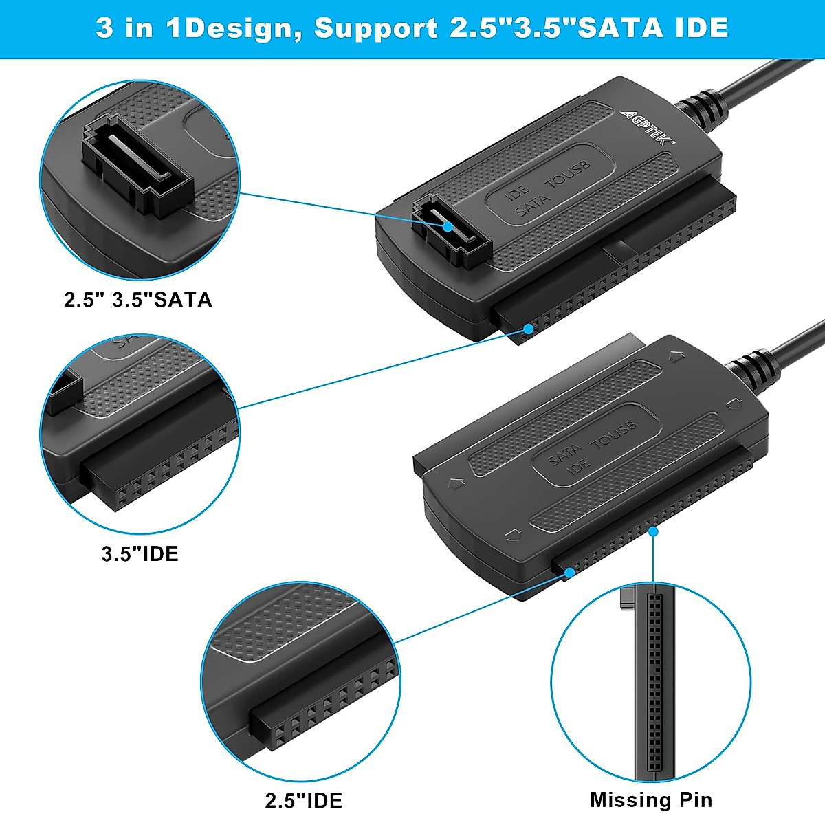 AGPTEK® SATA/PATA/IDE Drive to USB 2.0 Adapter Converter Cable for Hard Drive Disk HDD 2.5" 3.5", Compatible with USB 1.1/2.0/3.0, with External AC Power Adapter Included