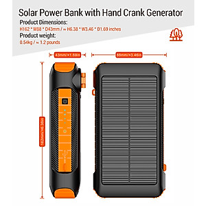 OOPOWEROO Solar Power Bank 20000mAh Built in Hand Crank and 4 Cables 22.5W Fast Charge Power Bank 5 Outputs & 5 Inputs Solar Portable Charger, SOS/Strobe/Strong Flashlights, Carabiner (Orange)