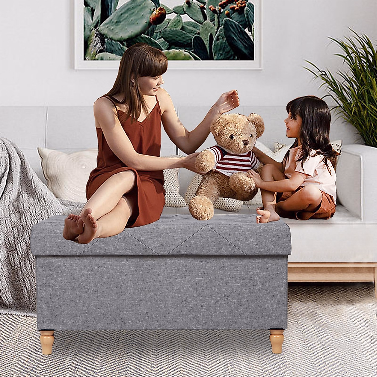 GLAXYFUR Storage Ottoman with Wooden Legs, Folding Storage Bench for Living Room, 30" Linen Fabric Ottoman Foot Rest Stool (Linen, Light Grey)