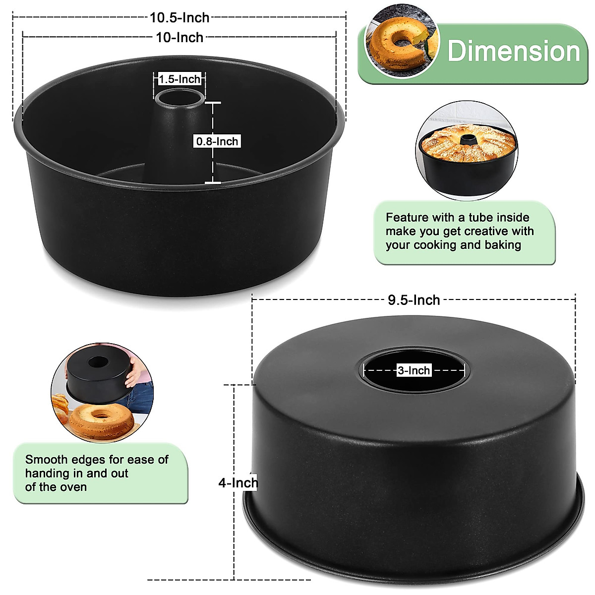 LIANYU 10 Inch Angel Food Cake Pan, Black Nonstick Tube Pan for Baking Pound Cake, Deep Chiffon Mold with Stainless Steel Core, Easy to Release, Leak Proof