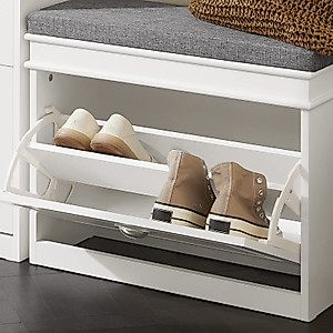 Haotian White Hallway Shoe Bench, Narrow Shoe Rack Entryway, Small Shoe Cabinet with 1 Flip-Drawer and Seat Cushion, FSR82-K-W