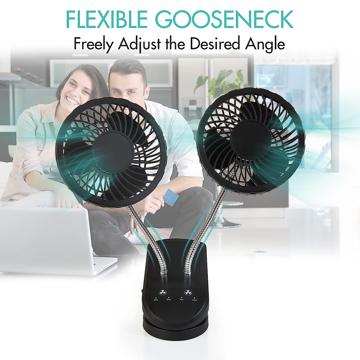 ASKPULION Portable Clip on Fan, Dual Heads Battery Operated Fan, 4000mAh Rechargeable Desk Fan with Flexible Gooseneck for Travel Camping RV Home Office