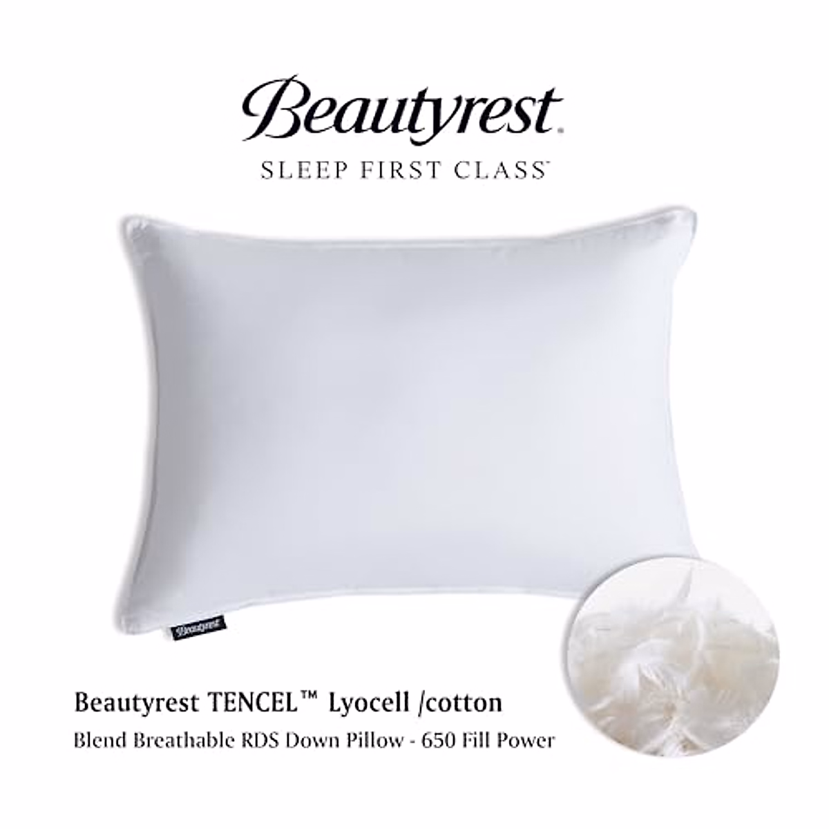 Beautyrest BT-DP-35 Tencel/Cotton Blend Cover Hypoallergenic White Down Pillow, 650 Fill Power, Jumbo
