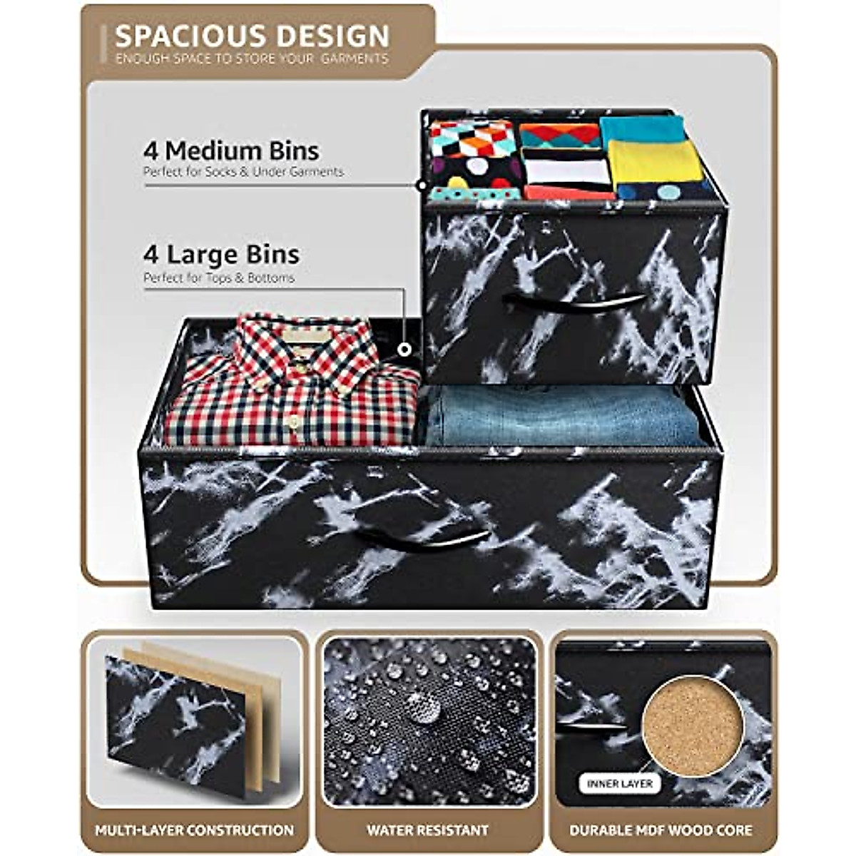 Sorbus Dresser for Bedroom with 8 Drawers - Tall Chest Storage Tower Unit, for Closet, Hallway, Nursery, Entryway Organization - Steel Frame, Wood Top (Marble Black – White Frame)