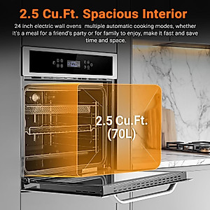 AAOBOSI Single Wall Oven, 24 Inch Electric Built-in Convection Oven 2.5 Cu.Ft 2800W 240V LED Digital Display Touch Control Timer Alarm Clock ChildLock for Kitchen,Drop Down Door in Stainless Steel