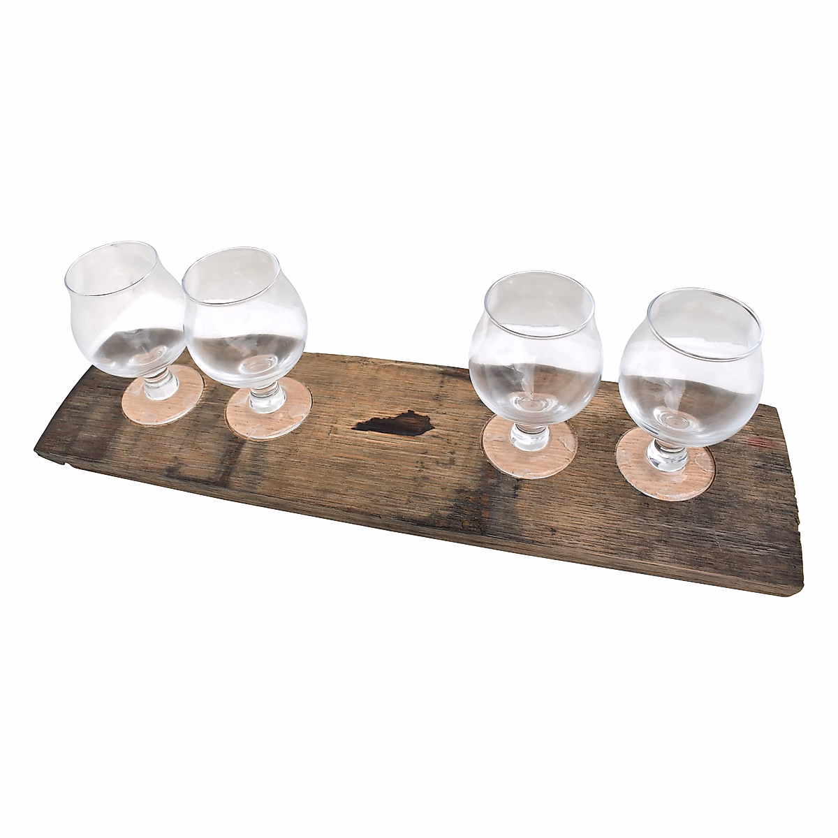 Bourbon Barrel Stave Flight Board With Four Snifter Glasses