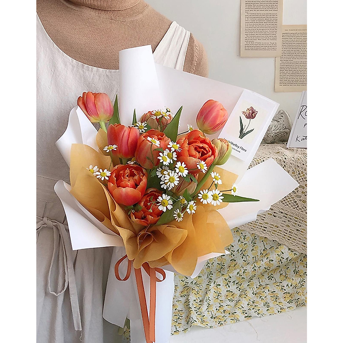 Korean Cotton Wrapping Flower Paper Non-Woven Floral Wrapping Paper 10 Sheets Florist Supplies Waterproof Flower Bouquet Wrapping Paper Floral Supplies for Fresh Flowers, 23.6x23.6 Inch (Khaki)