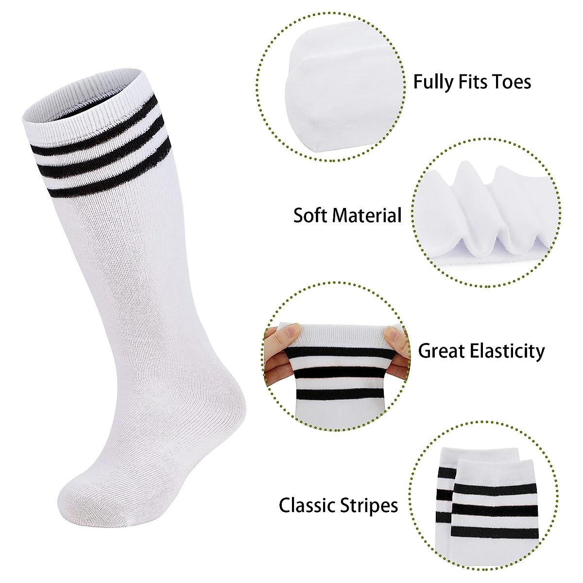 Zando Kids Child Cotton Three Stripes Sport Soccer Team Socks Uniform Tube Cute Knee High Stocking for Boys Girls 1 Pairs White Black One Size