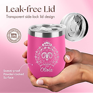 Custom Your Name Astrology Sign Zodiac Constellation Engraved Insulated Stainless Steel Wine Tumbler with Lid 12 oz. Personalized Horoscope Birthday Gift for Her