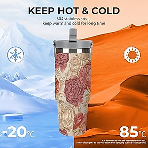 ZJCDPBR 30 Oz Tumbler with Foldable Handle And Flip Straw,Rose Vacuum Insulated Travel Coffee Tumblers,Stainless Steel Leak-Proof Water Bottle,Fits in Cup Holder,Keep Cold 24H & Hot 12H