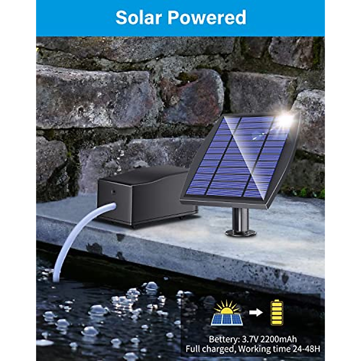 NFESOLAR Aquarium Air Pump Oxygenator, 2.5W Solar Air Pump with 2 Air Bubble Stones, Solar Pond Aerator up to 120 Gallons 3 Mode&No Noise Solar Aerator for Pond Stock Tank Fishing Hydroponics
