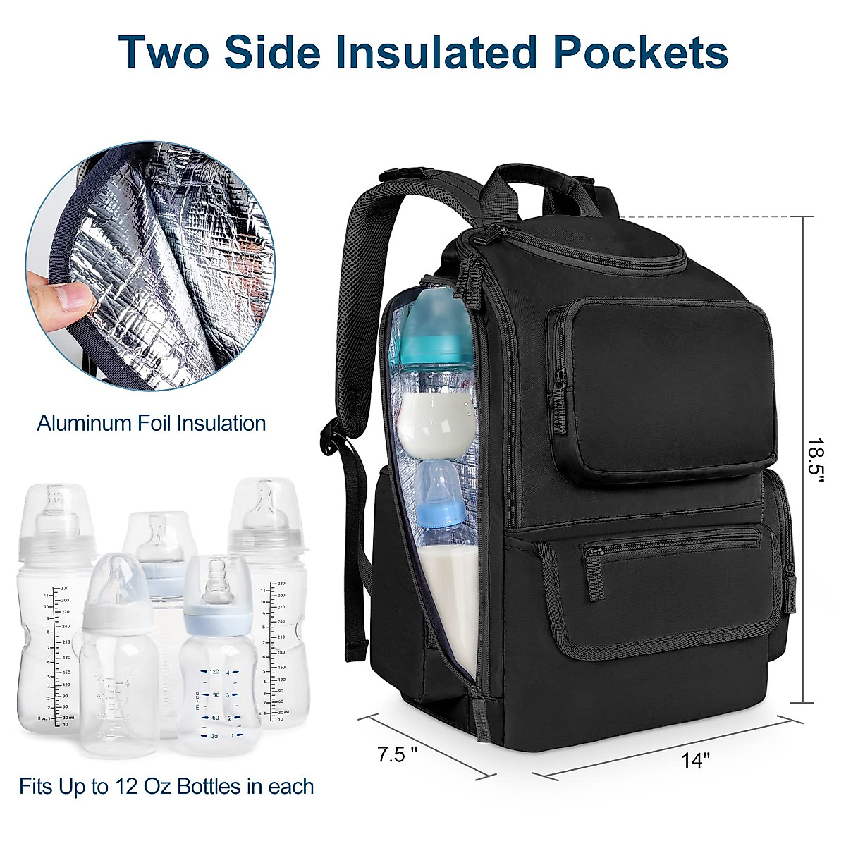 Mancro Diaper Bag Backpack, Multifunctional Dad Diaper Bag with 2 Side Insulated Pockets, Travel Water Resistant Baby Diaper Backpack for Men Women with Stroller Straps, Black