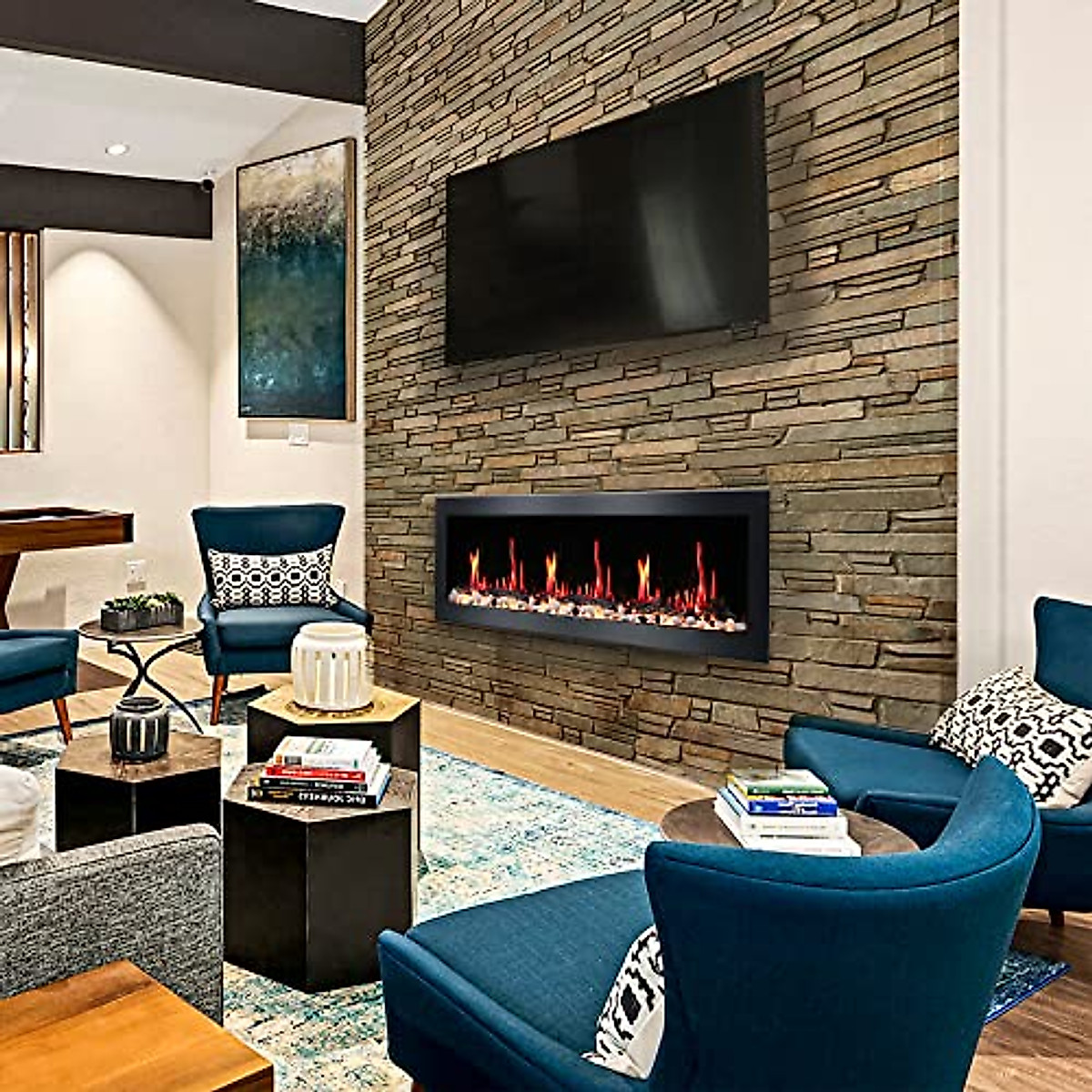 Litedeer Homes Latitude II 58" Smart Electric Fireplace with App, Crackling Fire Sounds, Diamond-Like Crystal, Black - ZEF58VC