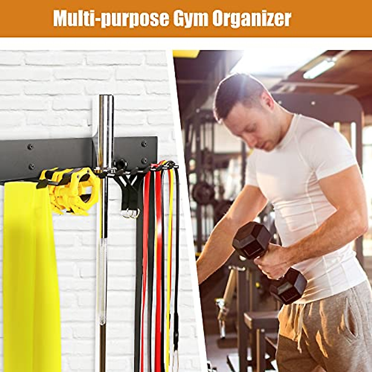 Multi-Purpose Storage Rack Resistance Bands Rack Gym Storage Rack Fitness Bands Rack Heavy Duty Rack 11 Hooks for Resistance Bands, Straps, Jump Ropes, Foam Rollers, Weight Belts, Tools (L-23")