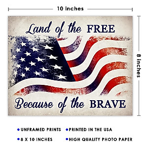 American Flag Poster - Land of the Free 8x10 Wall Art, USA Decorations for Home & Office Decor - Patriotic Posters Perfect for 4th of July, Army, Navy, Air Force & Veterans Day Gifts